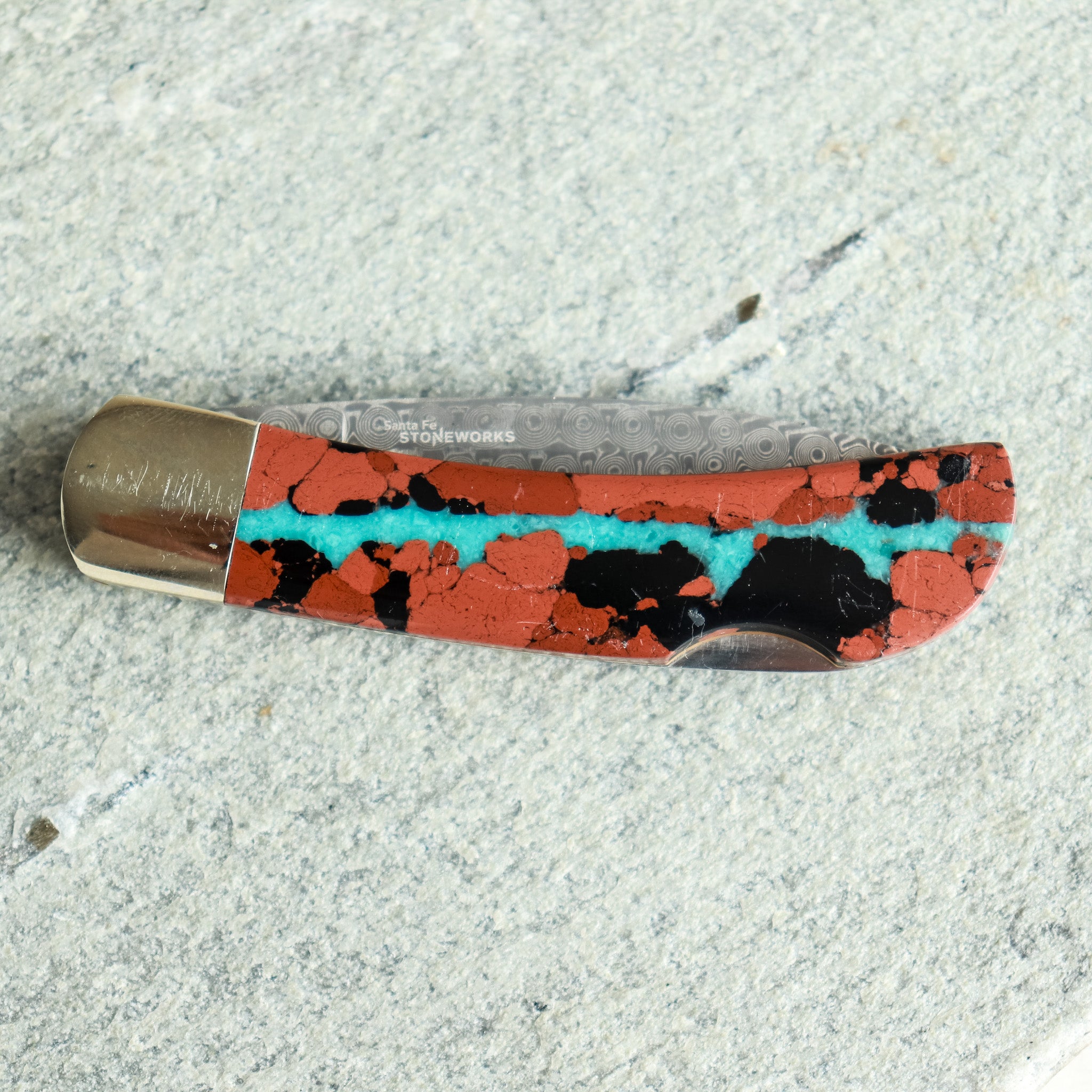 Santa Fe Knifeworks | Vein Turquoise Damascus 3" Lockback Knife ...