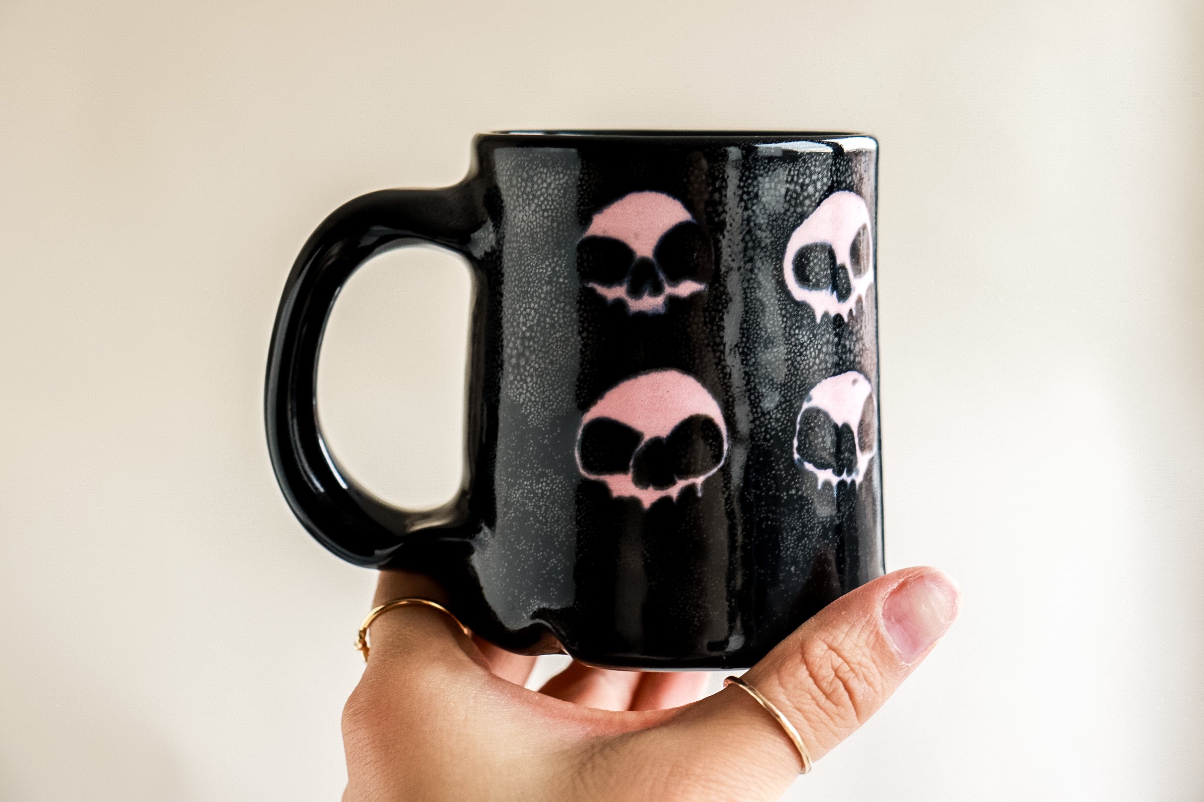 Nicole Pangas | Eight Pink Skull Black Mug – The Artisan's Bench